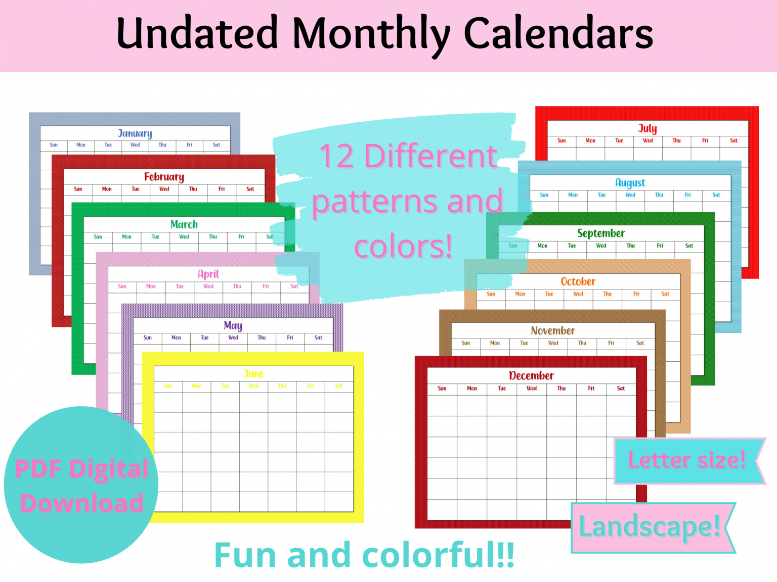 Fun Colors and Patterns Blank Printable Monthly Calendars – Peachy Keen ...